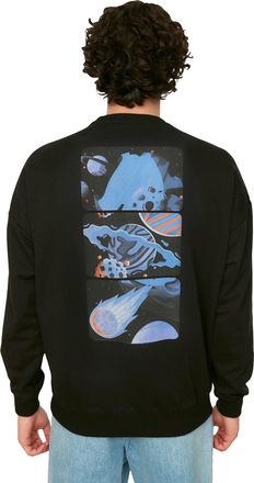 Trendyol Herren Trendyol Mens Oversize Cycling Collar Long Sleeve Printed Sweatshirt, Schwarz, S EU