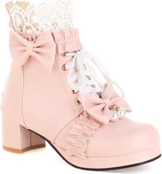 Generic Rose,40 EU,Bottines en Dentelle pour Femmes, Bout Rond, Plateforme, Talons Hauts et épais avec noeud, Bottines Confortables à Talons pour lautomne, Ch