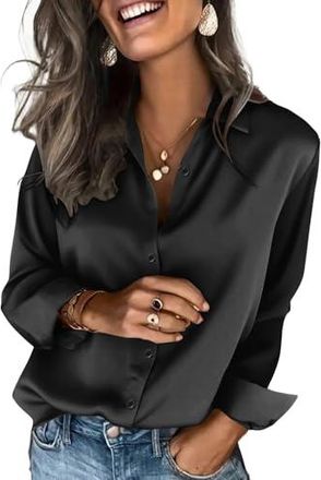 Generic Chemise Boutonnée en Satin à Manches Longues pour Femme - Chemisier en Soie Chic et Elegant - Col en V - Style Décontracté pour Le Travail et Le Burea