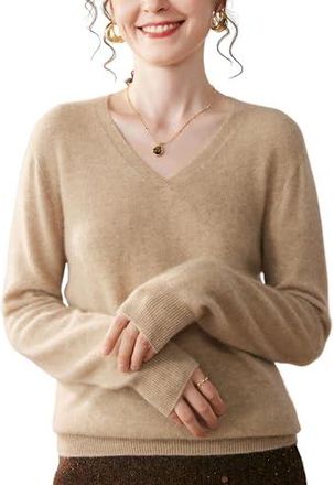 Dissa Pull Cachemire Femme Col V Uni Tricot&eacute; en Vrac Manches Longues Fin Pull en Cachemire et Laine,Camel,EU 42,MH605