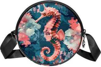 Generic Petit sac &agrave; bandouli&egrave;re rond pour femme, motif hippocampe, sac &agrave; dos &agrave; bandouli&egrave;re r&eacute;glable avec fermeture &eacute;clair, sac &agrave; main rond d&eacute;contract&eacute; pour fe