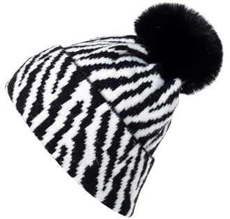 styleBREAKER Bonnet &agrave; Pompon Femme en Tricot Motif z&eacute;br&eacute;, Beanie dHiver Chaud Extensible avec Pompon en Fausse Fourrure en Viscose, Noir-Blanc
