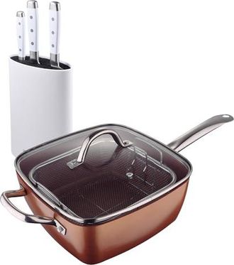 San Ignacio Quadratisches Pfannen-Set, 24 x 24 cm, aus gepresstem Aluminium + 3 Edelstahlmessern mit Optimum Copper Bergner