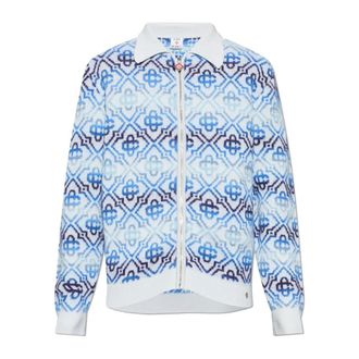 Casablanca Homme, Pulls, Bleu, Taille: L Space Dye Monogram Long Sleeve Merino Cardigan