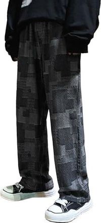 Generic Jean ample à jambe droite pour homme - Style vintage - Motif damier - Streetwear, noir, Taille L