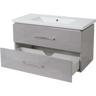 Hhg Premium Waschbecken + Unterschrank HHG-244, Waschbecken Waschtisch, hochglanz 90cm grau