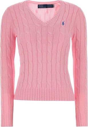Polo Ralph Lauren Pull en coton &agrave; col V et torsades - Femme - Pulls - Rose - Taille: 36 FR