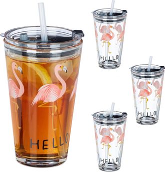 Relaxdays Glasbecher mit Deckel & Strohhalm, 4er Set Flamingo Gläser, 450 ml, spülmaschinenfest, Trinkglas, transparent