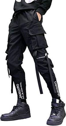 ORANDESIGNE Pantalon de Jogging pour Homme Pantalon Cargo Hip Hop Noir Multi-Poches Streetwear Teachwear B Noir L