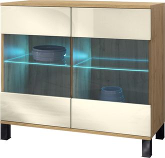 Vladon Kommode Bari V3, Moderner Küchenschrank mit 2 großen Glastüren inkl. RGB Beleuchtung Eiche Evoke/Creme Hochglanz (92,5 x 84.5 x 35)