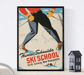 Nacnic Alte Reise Werbeplakat. Bunte Werbung aus dem letzten Jahrhundert für Reisebüros. Ski Schule in New Hampshire. A3 ohne Rahmen