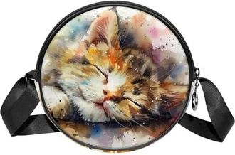 Generic Sac &agrave; bandouli&egrave;re rond pour femme, petit sac &agrave; bandouli&egrave;re motif chat mignon aquarelle avec fermeture &eacute;clair, bretelles r&eacute;glables, sac &agrave; main rond d&eacute;c