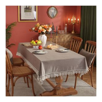 Generic Elegante Samt Polyester Rechteckige Tischdecke 140x200cm (55x79in) Einfarbig mit Goldenen Faden & Spitzenbesatz Perfekt f&uuml;r K&uuml;che & Esszimmer Dekor in