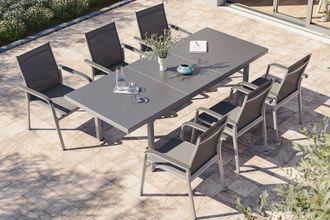 Kettler Kettler BasicPlus Esstischgarnitur, Silber, Alu/Textilene, Tisch 180/240x100cm, 6 Stapelsessel