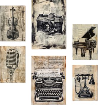 Nacnic 6er-Set Vintage-Liebe. Kamera, Mikro, Klavier, Violine, Telefon Poster mit Designillustrationen zur Dekoration der Wände Ihres Zuhauses. Räume, Büro, 