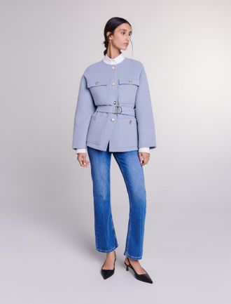 Maje Manteau Court Ceintur&eacute; - Bleu - Taille 42 - Maje