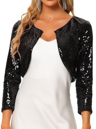Allegra K Damen Halloween Pailletten Jacke Bolero Glitzernde Party Langarm Shrug Cardigan mit Offener Vorderseite Schwarz XL