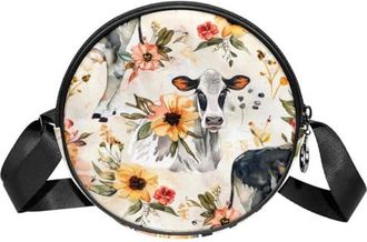 Generic Sac &agrave; bandouli&egrave;re rond pour femme, motif fleurs de vache, petit sac &agrave; bandouli&egrave;re avec fermeture &eacute;clair, bretelles r&eacute;glables, sac &agrave; main rond d&eacute;contra