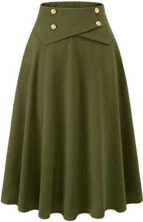 Bbonlinedress Jupe Femme Mi Longue Hiver Grande Taille Jupe Vintage Classique Casual Midi Taille Haute Elastique A-Ligne avec Poches S-XXL Army Green 2XL