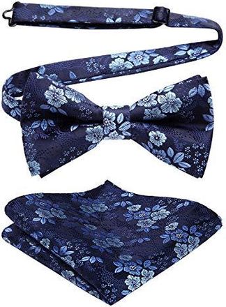 Hisdern Noeuds Papillon Bleu & Blanc Homme et Mouchoir avec Crochet déjà lié et Réglable Noeud Papillon Motif à Fleurs Carré de Poche Ensemble