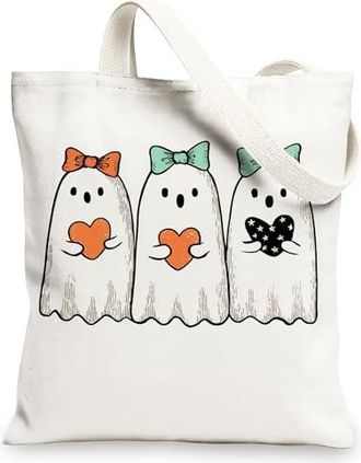 Generic Sacs fourre-tout en toile motif fantôme, sacs dépicerie réutilisables, amusants et légers et lavables avec bandoulière pour G, blanc, 13x15 Inch