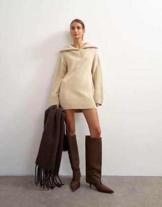 Topshop gestricktes Minikleid mit offenem Kragen und Wolle in Haferfarben-Neutral