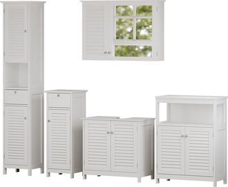 Vicco Badmöbel-Set Weiß Riad, bestehend aus Sideboard, Spiegelschrank, Hochschrank, Midischrank und Waschtischunterschrank - Schlichte Linienführung für Mod