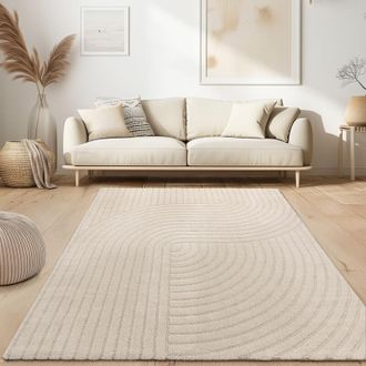 Paco Home Paco Home - Teppich Wohnzimmer Kurzflor Skandi Japandi Boho Abstraktes Muster 3D Uni Creme 160x220 cm
