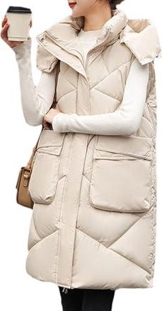 Generic Gilet long matelass&eacute; dhiver sans manches pour femme avec capuche amovible et fermeture &eacute;clair - Taille L, blanc, 3XL