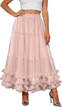 Generico D&eacute;guisement de paon - Jupe longue en maille &eacute;lastique taille haute pour femme - Pour ballet, bal, bal de fin dann&eacute;e, f&ecirc;te - Grandes tailles, Ros&eacute;, Tai