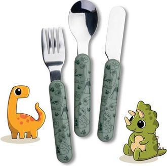 Fackelmann Fackelmann Kinderbesteck-Set Dino - 3-teilig in Graugr&uuml;n, Kinderbesteck aus Edelstahl, Sicher und Robust, Sp&uuml;lmaschinengeeignet
