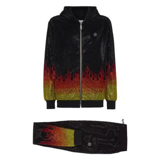 Philipp Plein Homme, Combinaisons et Ensembles, Noir, Taille: 3XL Surv&ecirc;tement de jogging : sweat &agrave; capuche/pantalon avec flammes en cristaux