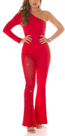 Koucla Combinaison longue pour le Nouvel An - Avec une épaule - Maille pailletée et évasée, rouge, M