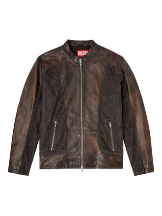 Diesel veste en cuir L-Krill-Dnm &agrave; empi&egrave;cements - Marron
