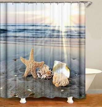 Generic Rideau de Douche Anti Moisissure 180x180 Plage Rideau de Douche Tissu Imperm&eacute;able Lavable &eacute;toile de Mer et Coquillages 3D Rideaux Baignoire Salle de B