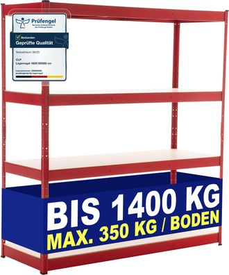 Clp Lagerregal 160X180X60 cm I B&ouml;den Bis Je 350 KG Belastbar I Metall-Steckregal, Farbe:rot