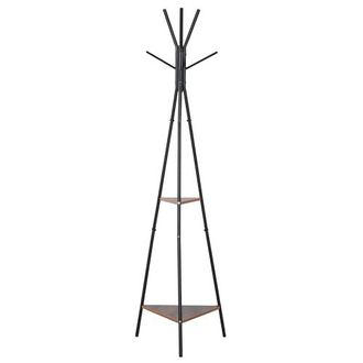 HOMCOM Porte-manteau tr&eacute;pied style industriel branches 2 &eacute;tag&egrave;res + 6 pat&egrave;res dim. 52L x 46l x 182H cm m&eacute;tal noir panneaux particules bois&eacute;s
