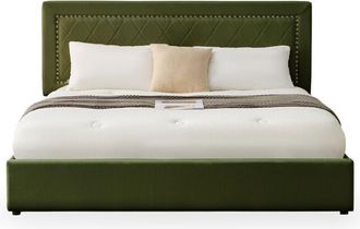 Menzzo Lit coffre Sandiego avec sommier relevable 180x200cm et t&ecirc;te de lit clout&eacute;e Velours Kaki