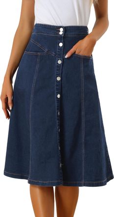 Allegra K Jeansrock f&uuml;r Damen, hohe Taille, Knopfleiste, A-Linie, l&auml;ssiger Sommer, Midi-Jeansr&ouml;cke mit Taschen, Dunkelblau, X-Klein
