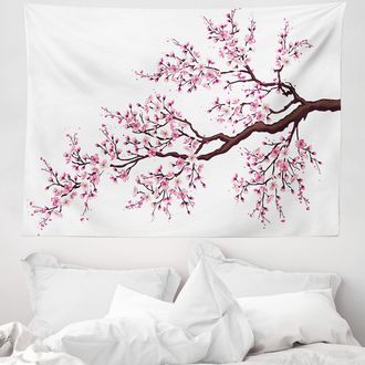Abakuhaus Japan Wandteppich, Sakura Zweig Blüten aus Weiches Mikrofaser Stoff Waschbar ohne Verblassen Digitaldruck, 150 x 110 cm,Rosa Dunkelbraun