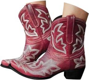 Generic Bottes de cowboy pour femme - Bottines de cowgirl occidentales à bout pointu - Talon bas et épais - Broderie vintage - Talons moyens - Bottes de cowgi