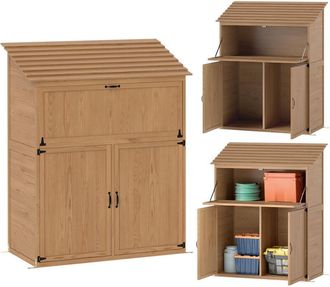 OUTSUNNY Gartenschrank Holz, Ger&auml;teschuppen mit Stufen-Pultdach Ablage klappbar Tisch Doppelt&uuml;ren 110 x 54 x 136 cm, wetterfest Ger&auml;teschrank, Ger&auml;tehaus