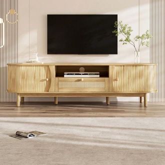 Generic Niedriger TV-St&auml;nder aus Rattan mit T&uuml;ren und Schubladen - Landhausstil, bietet eine Elegante Aufbewahrungsl&ouml;sung f&uuml;r das Wohnzimmer