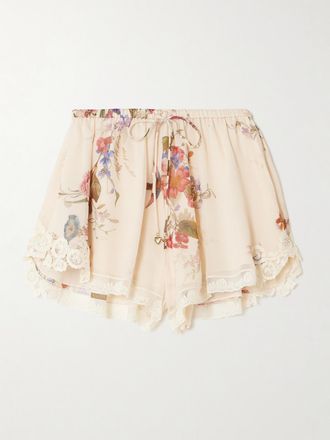 Zimmermann Patience Shorts Aus Einer Baumwoll-seidenmischung Mit Blumenprint Und Spitzenbes&auml;tzen - Elfenbein