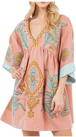 Generic Robe boh&egrave;me brod&eacute;e avec col et manches 3/4 pour femme, coupe ample, rose, XXL