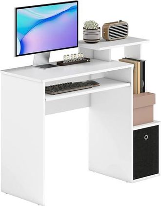 HOMCOM Bureau Informatique multimédia étagères Tablette Clavier Panier Noir Panneaux Particules Blanc, 100x40x86.6cm