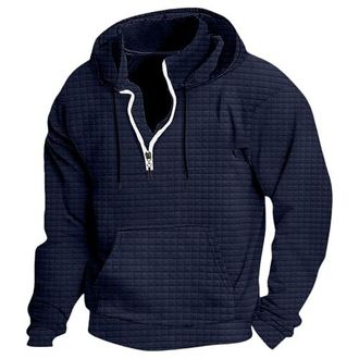 Generic Sweat &agrave; capuche pour homme avec cordon de serrage et fermeture &eacute;clair 1/4 - Pull &agrave; capuche gaufr&eacute; avec poche pour printemps et hiver, bleu marine, 3XL