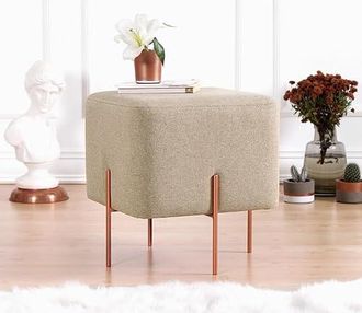 Atelier Del Sofa Bohemian Pouffe with Copper Coated Iron Legs, Coffee Color, 40 x 42 x 40 cm | 50% Cotton & 50% Linen, 5 cm Orthopedic Sponge | Stylish & Functional fo