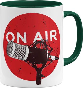 OM3 ON-AIR Microphone Kaffee-Tasse für Streamer Podcast - Keramik Becher - 11oz 325ml - Beidseitig Bedruckt - Grün