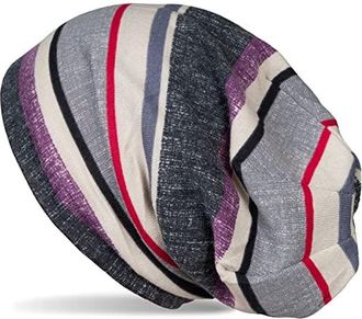 styleBREAKER Bonnet Unisexe en Tricot Fin avec Motif à Rayures Multicolores, Bonnet Long léger rayé Multicolore 04024194, Couleur:Violet-Gris-Beige